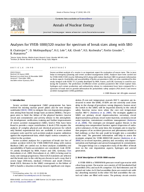(PDF) Analyses for VVER-1000/320 reactor for spectrum of break sizes along with SBO