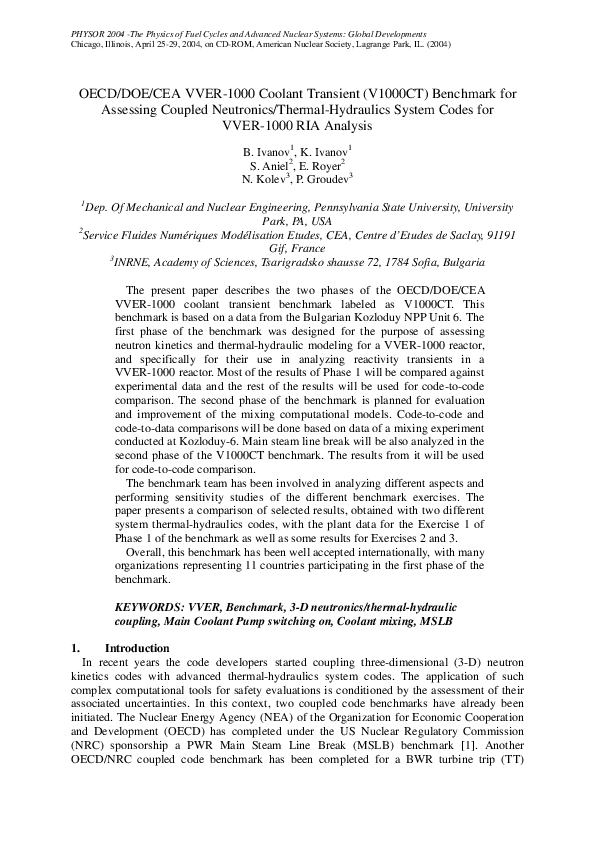(PDF) OECD/DOE/CEA VVER-1000 coolant transient (V1000CT) benchmark – A consistent approach for ...