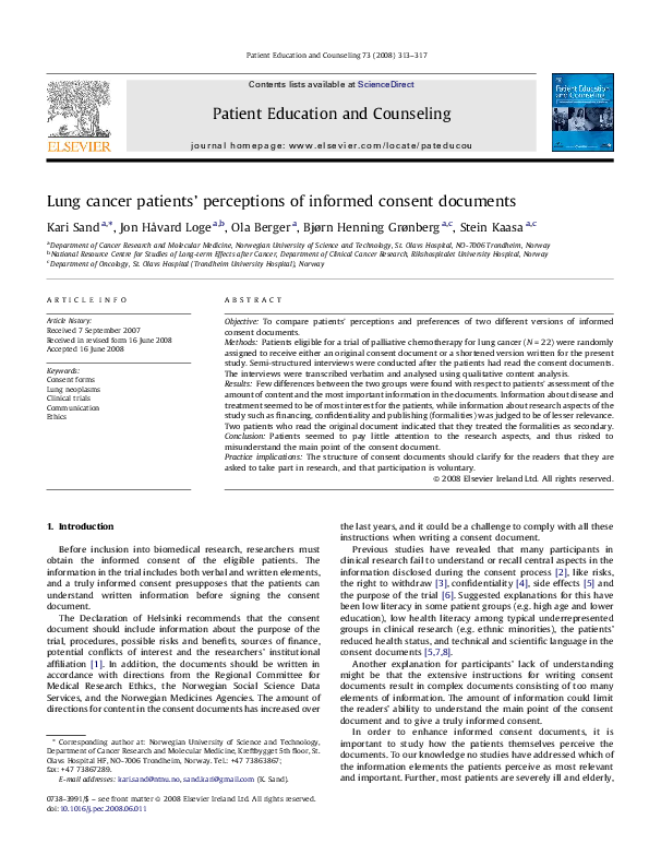 (PDF) Lung cancer patients’ perceptions of informed consent documents