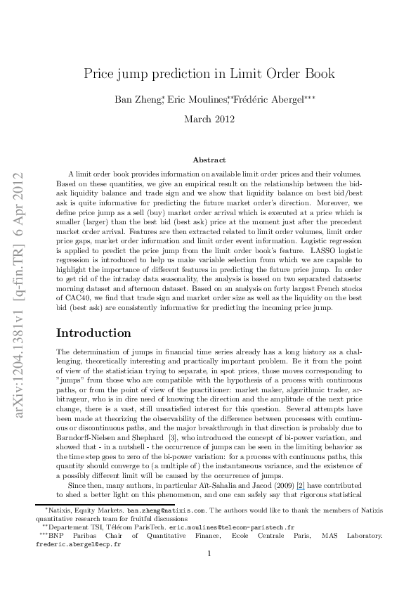 Pdf Price Jump Prediction In Limit Order Book