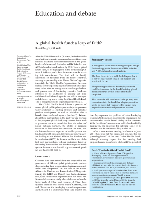 (PDF) A global health fund: a leap of faith?