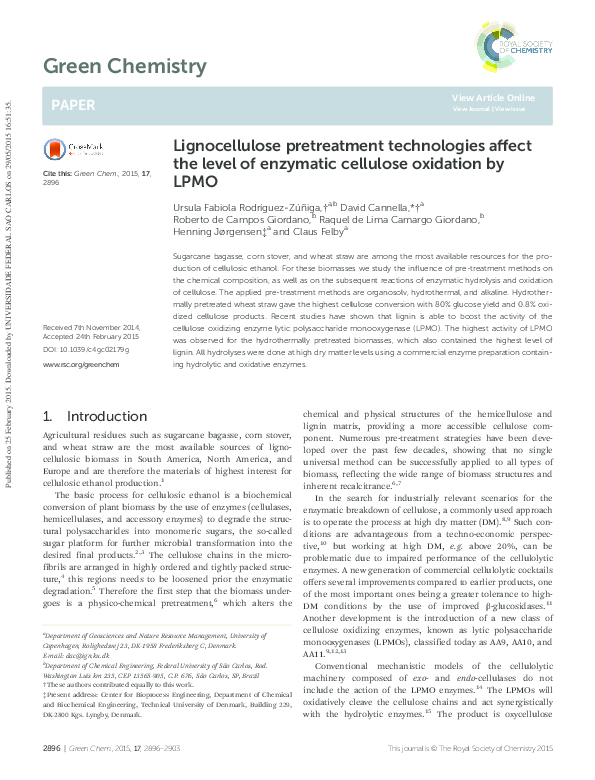 Pdf Lignocellulose Pretreatment Technologies Affect The Level Of Enzymatic Cellulose Oxidation