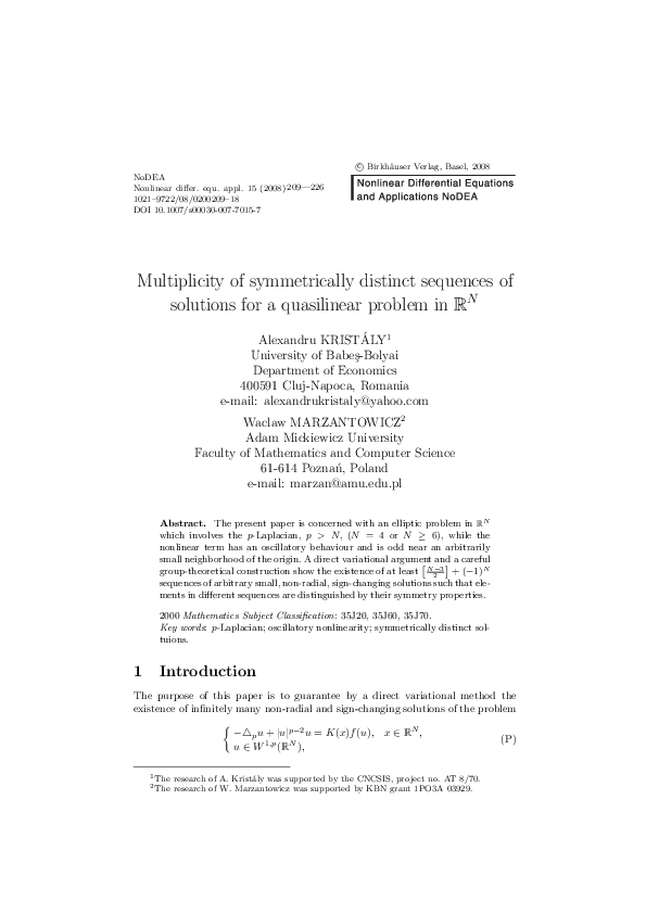 (PDF) Multiplicity of symmetrically distinct sequences of solutions for a quasilinear problem in ...