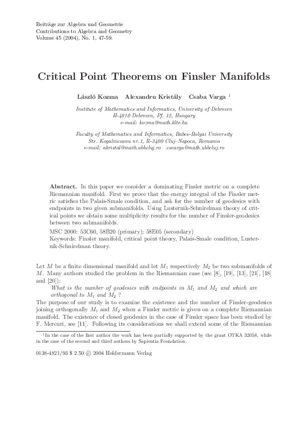 (PDF) Critical Point Theorems on Finsler Manifolds