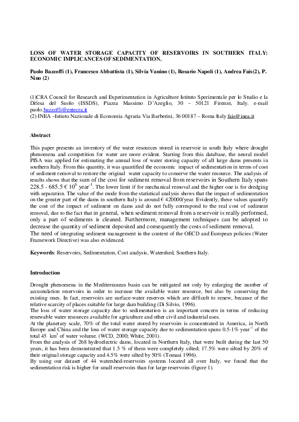 (PDF) Loss of water storage capacity of reservoirs in Southern Italy ...