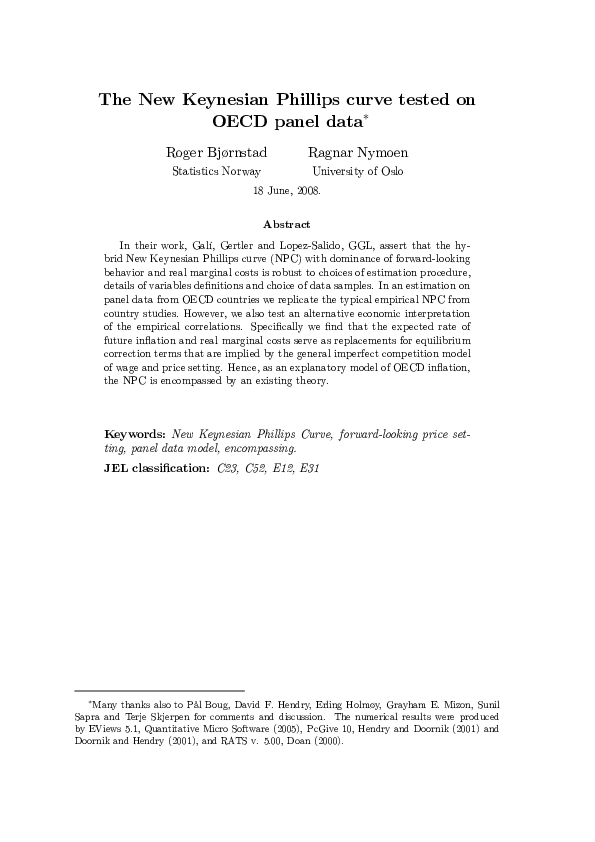 Pdf The New Keynesian Phillips Curve Tested On Oecd Panel Data