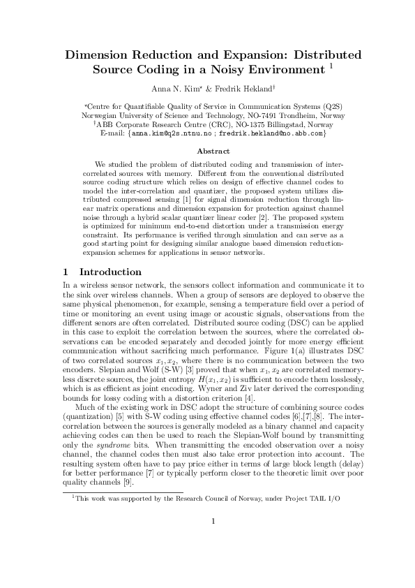 (PDF) Dimension Reduction and Expansion: Distributed Source Coding in a Noisy Environment