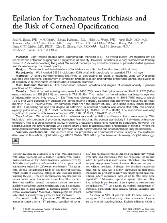 (PDF) Epilation for trachomatous trichiasis and the risk of corneal ...