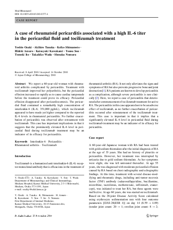 (PDF) A case of rheumatoid pericarditis associated with a high IL-6 ...