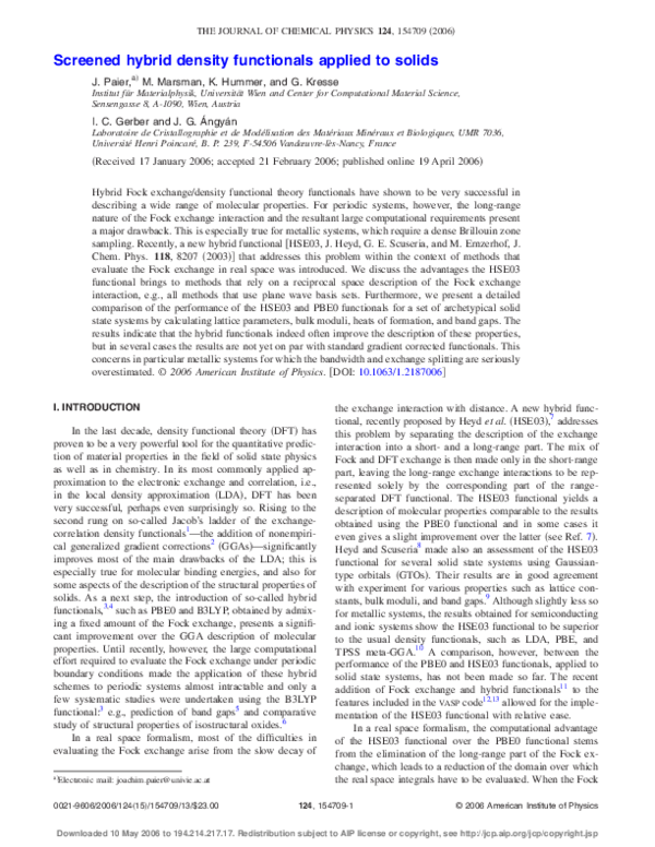 (PDF) Screened hybrid density functionals applied to solids