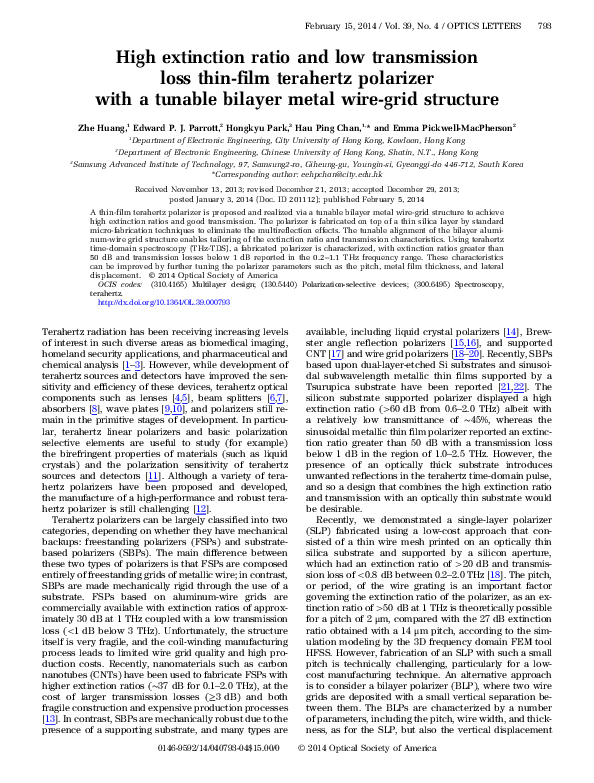 Pdf High Extinction Ratio And Low Transmission Loss Thin Film Terahertz Polarizer With A
