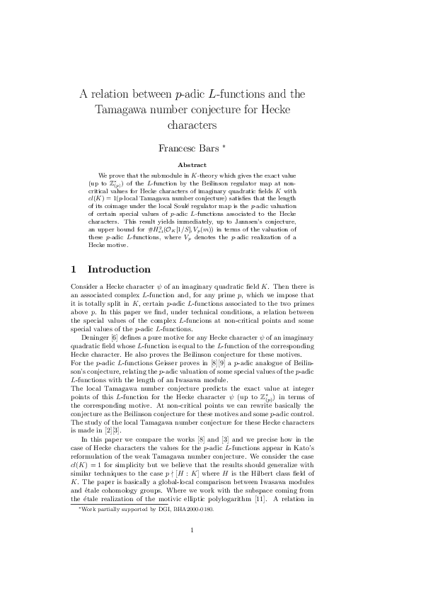 Pdf A Relation Between P Adic L Functions And The Tamagawa Number