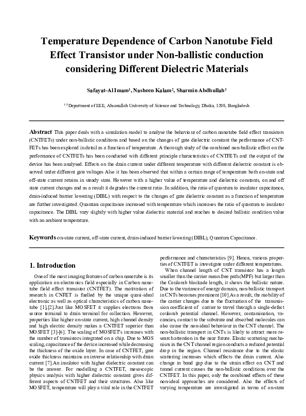 (PDF) Temperature Dependence of Carbon Nanotube Field Effect Transistor ...