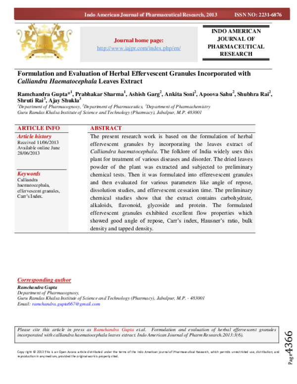 (PDF) Formulation And Evaluation of Herbal Effervescent Granules ...