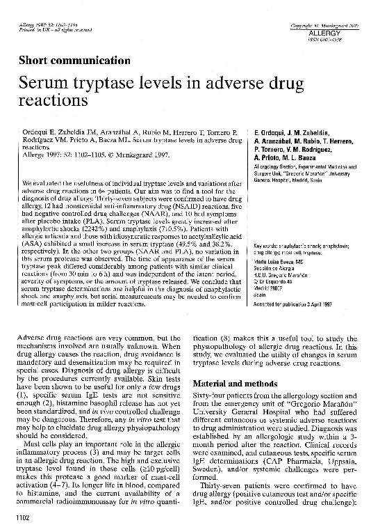 (PDF) Serum tryptase levels in adverse drug reactions | E. Ordoqui ...
