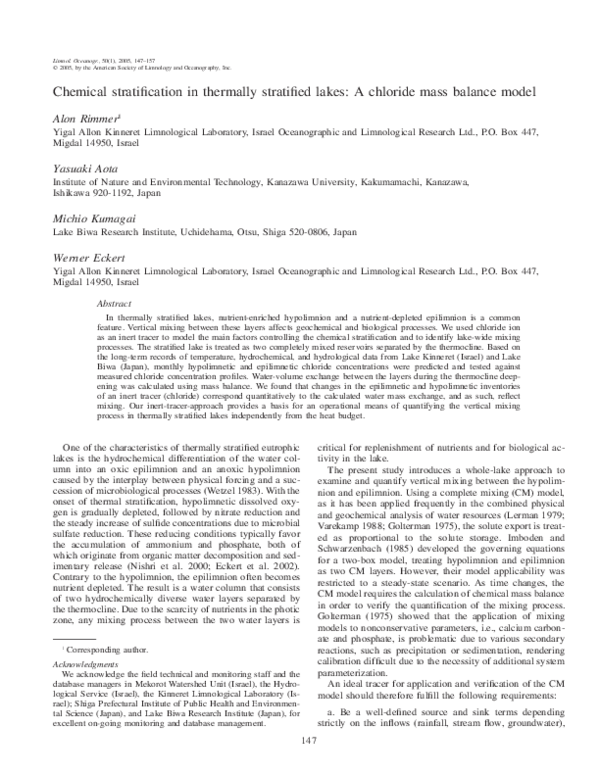 (PDF) Chemical stratification in thermally stratified lakes: A chloride ...