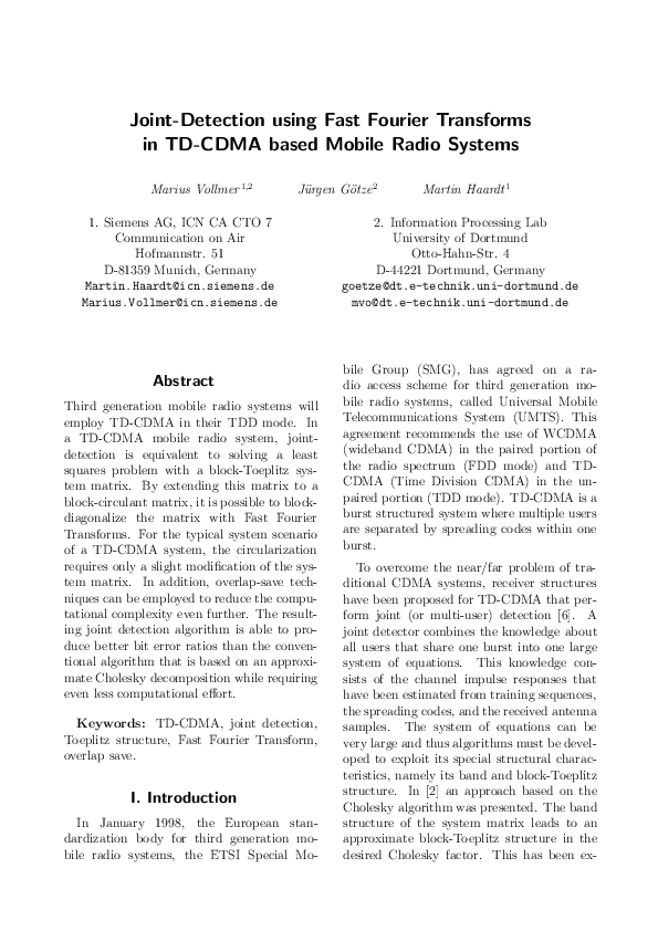 Pdf Joint Detection Using Fast Fourier Transforms In Td Cdma Based Mobile Radio Systems