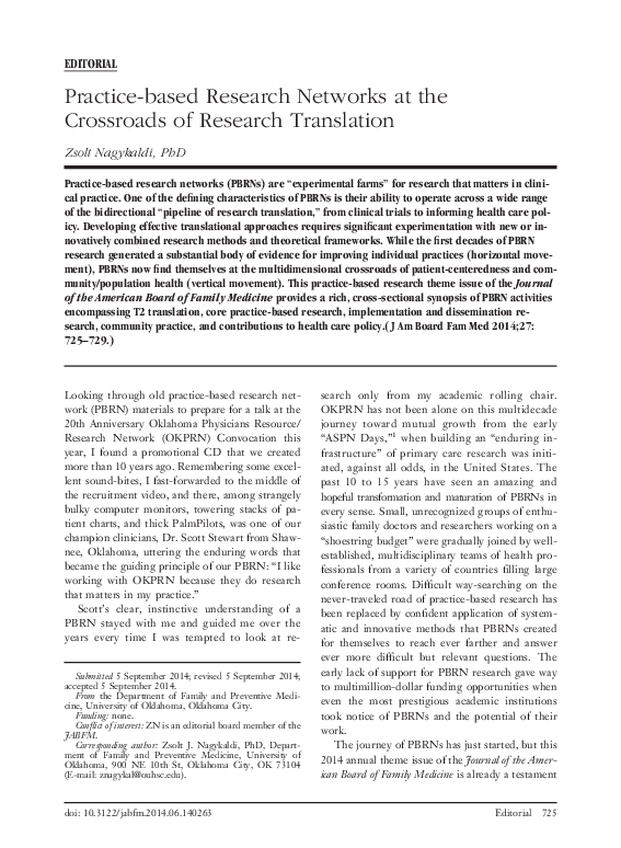 (PDF) Practice-based research networks at the crossroads of research translation