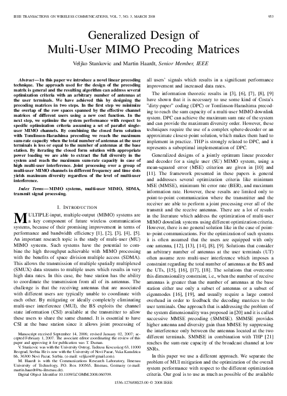 Pdf Generalized Design Of Multi User Mimo Precoding Matrices