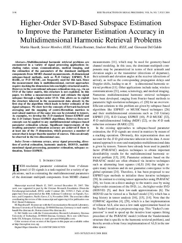 Pdf Higher Order Svd Based Subspace Estimation To Improve The Parameter Estimation Accuracy In