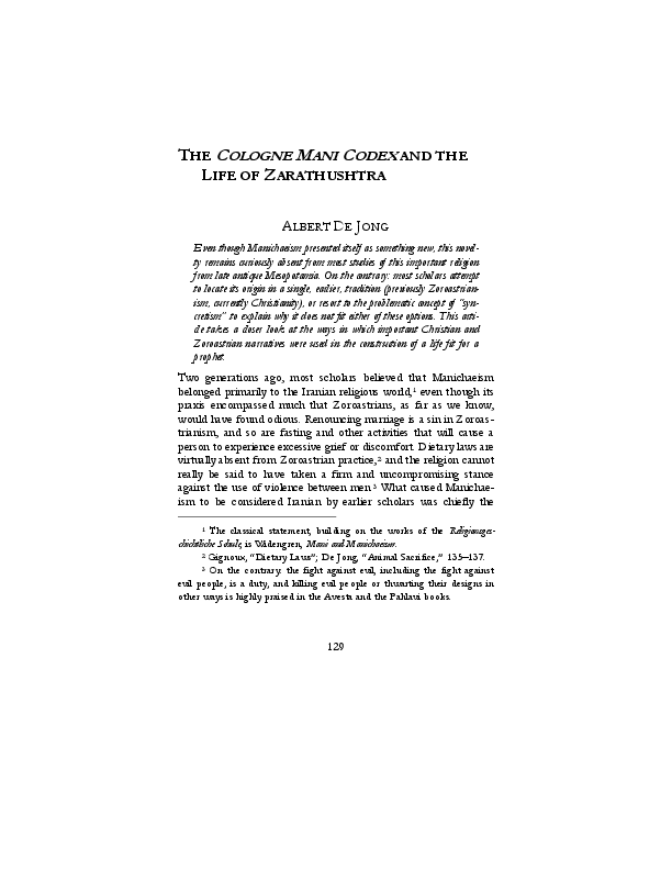 (PDF) The Cologne Mani Codex and the Life of Zarathushtra