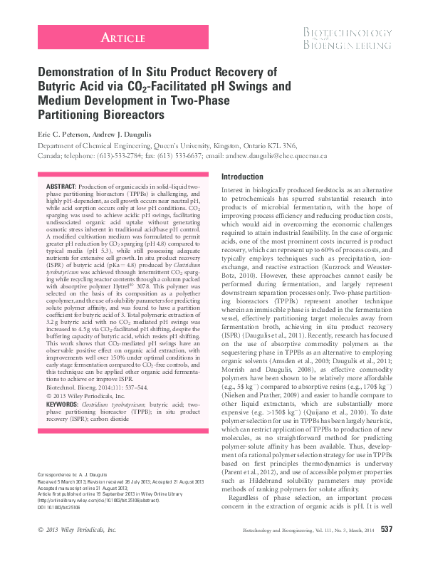 (PDF) Demonstration of in situ product recovery of butyric acid via CO ...