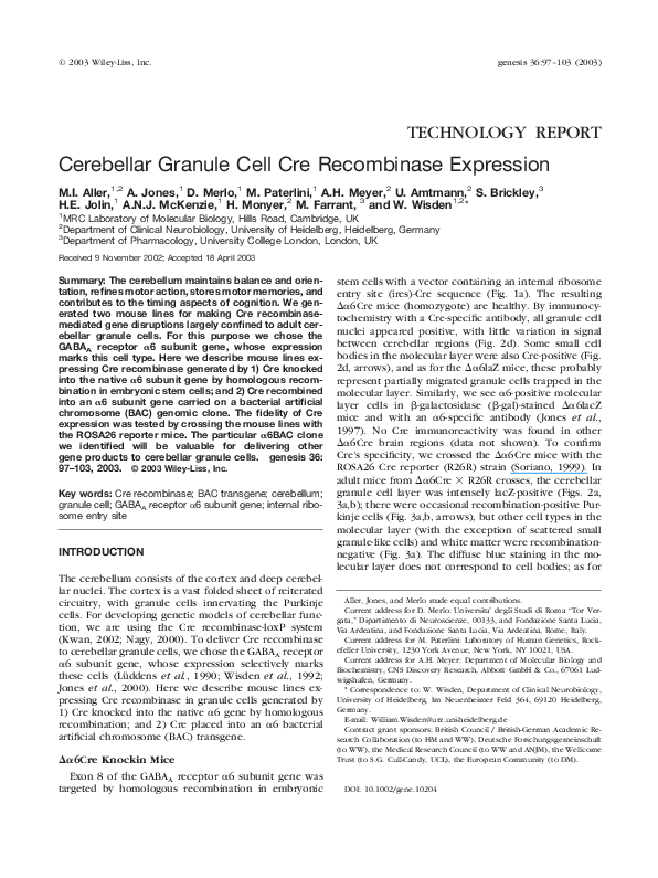 (PDF) Cerebellar granule cell Cre recombinase expression | Stephen ...