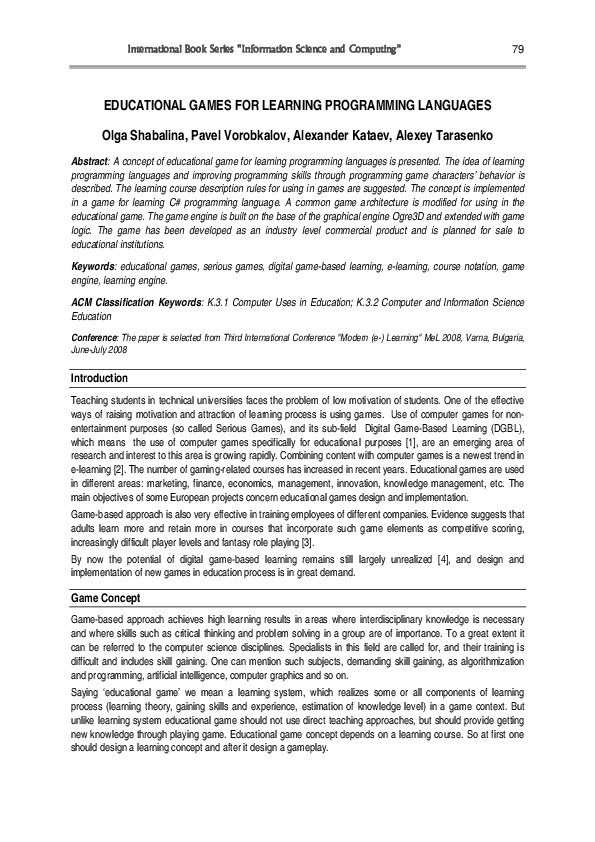 (PDF) Educational games for learning programming languages