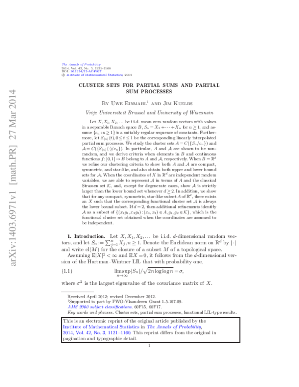 Pdf Cluster Sets For Partial Sums And Partial Sum Processes James