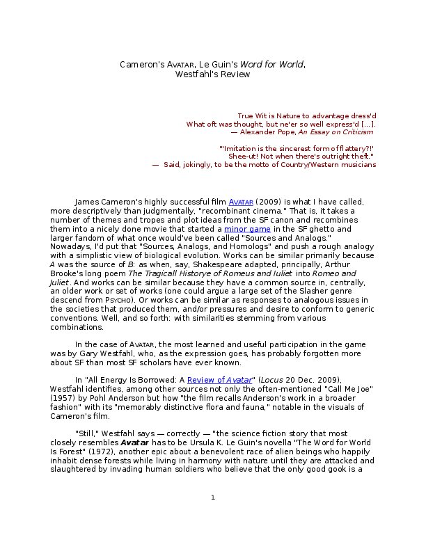 (DOC) Cameron's AVATAR, Le Guin's "The Word for World Is Forest ...
