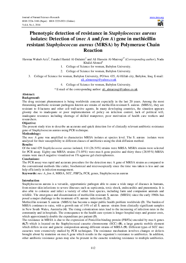 Pdf Phenotypic Detection Of Resistance In Staphylococcus Aureus Isolates Detection Of Mec A