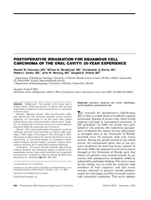 (PDF) Postoperative irradiation for squamous cell carcinoma of the oral ...
