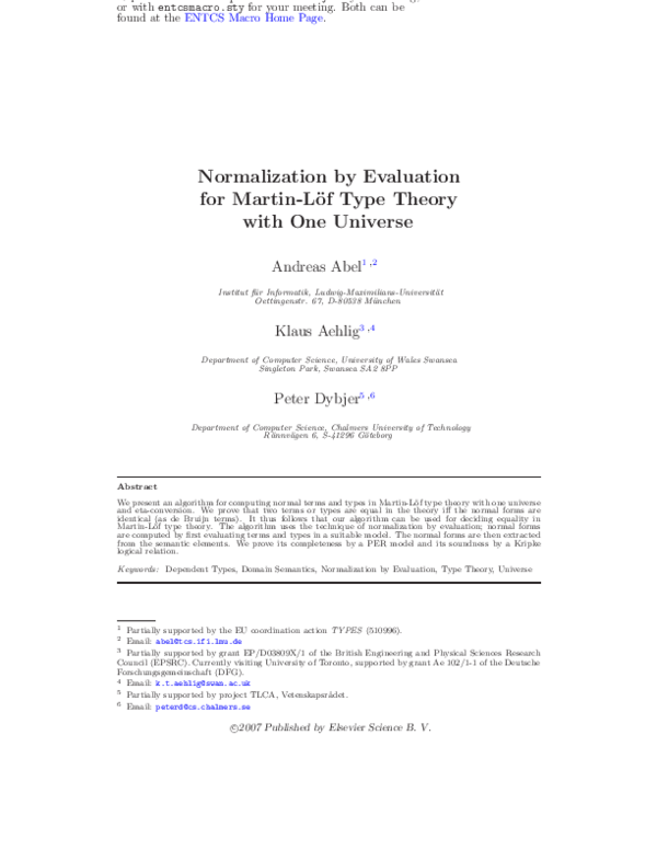 (PDF) Normalization by Evaluation for Martin-Löf Type Theory with One Universe