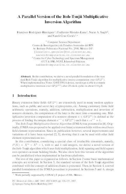 (PDF) A Parallel Version of the Itoh-Tsujii Multiplicative Inversion Algorithm