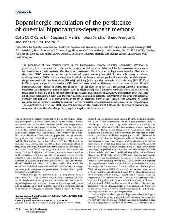(PDF) Dopaminergic modulation of the persistence of one-trial hippocampus-dependent memory