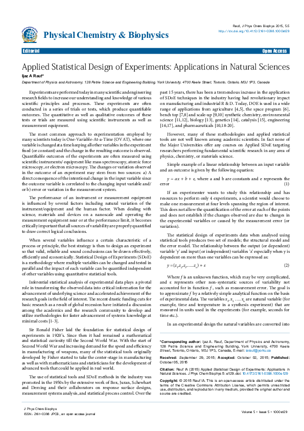 Pdf Applied Statistical Design Of Experiments Applications In