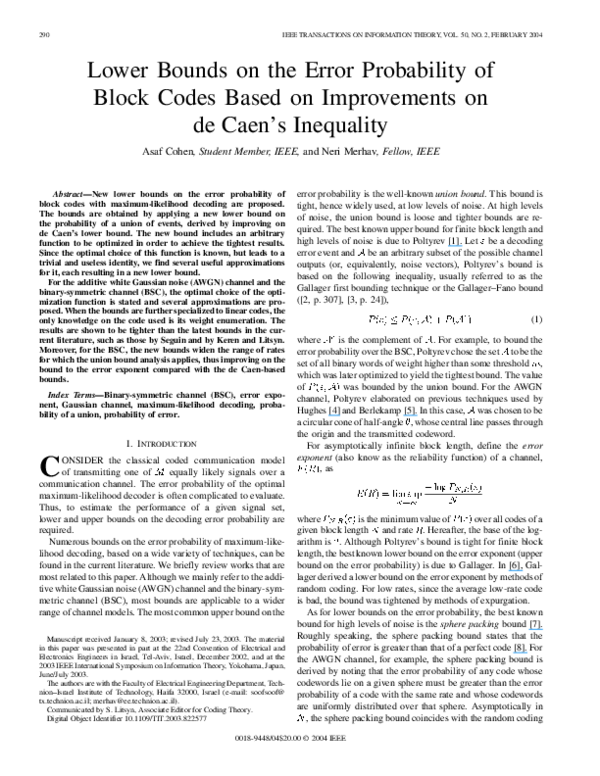 (PDF) Lower Bounds on the Error Probability of Block Codes Based on Improvements on de Caen's ...