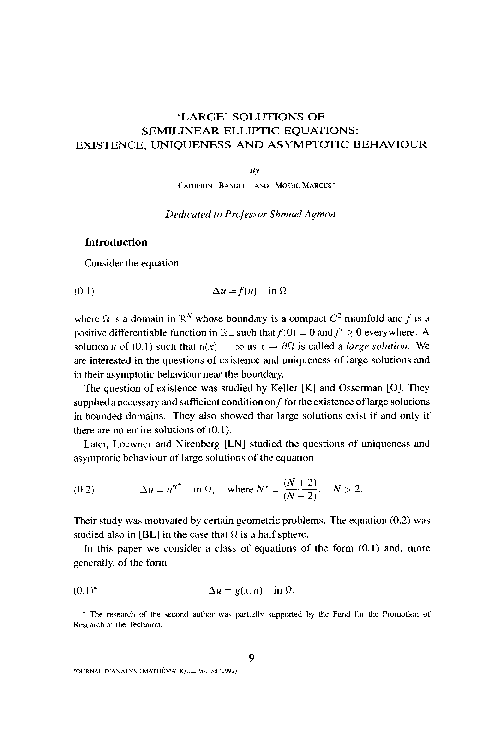 Pdf ‘large Solutions Of Semilinear Elliptic Equations Existence Uniqueness And Asymptotic