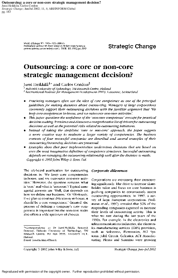 (PDF) Outsourcing: a core or non-core strategic management decision?