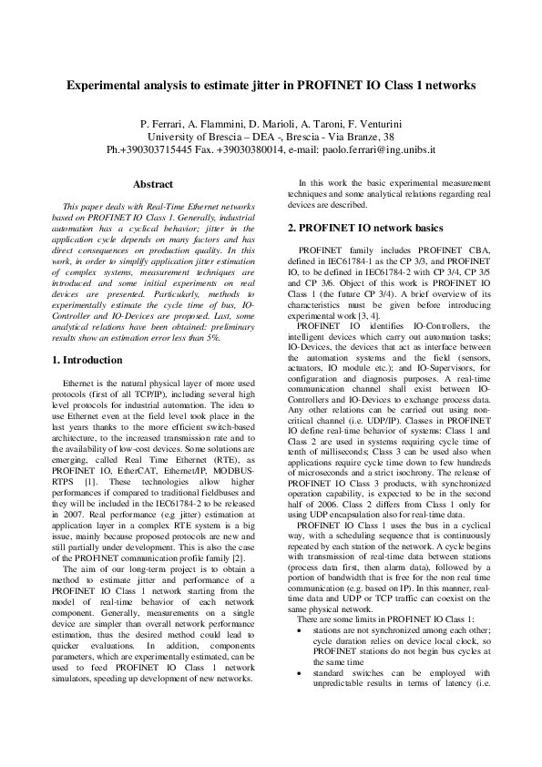 (PDF) Experimental analysis to estimate jitter in PROFINET IO Class 1 networks