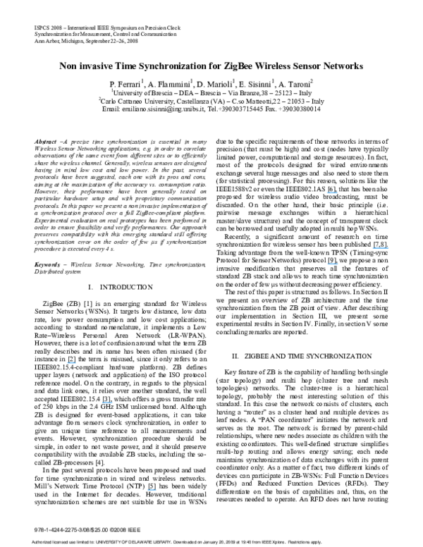 Pdf Non Invasive Time Synchronization For Zigbee Wireless Sensor Networks