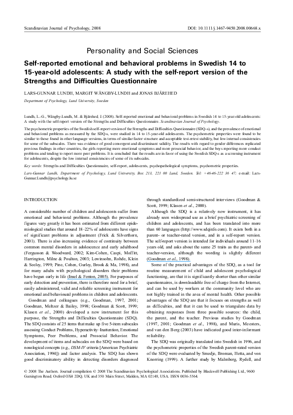 (PDF) Self-reported emotional and behavioral problems in Swedish 14 to ...