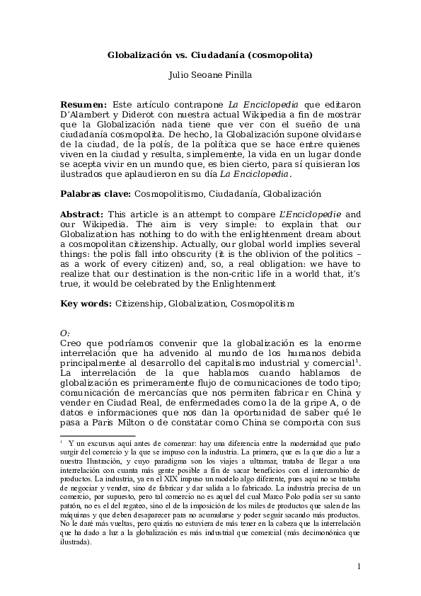 (DOC) Globalización vs. Ciudadanía (cosmopolita). Globalization vs ...