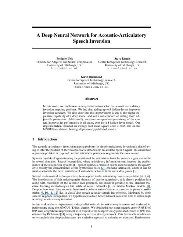 (PDF) A Deep Neural Network for Acoustic-Articulatory Speech Inversion