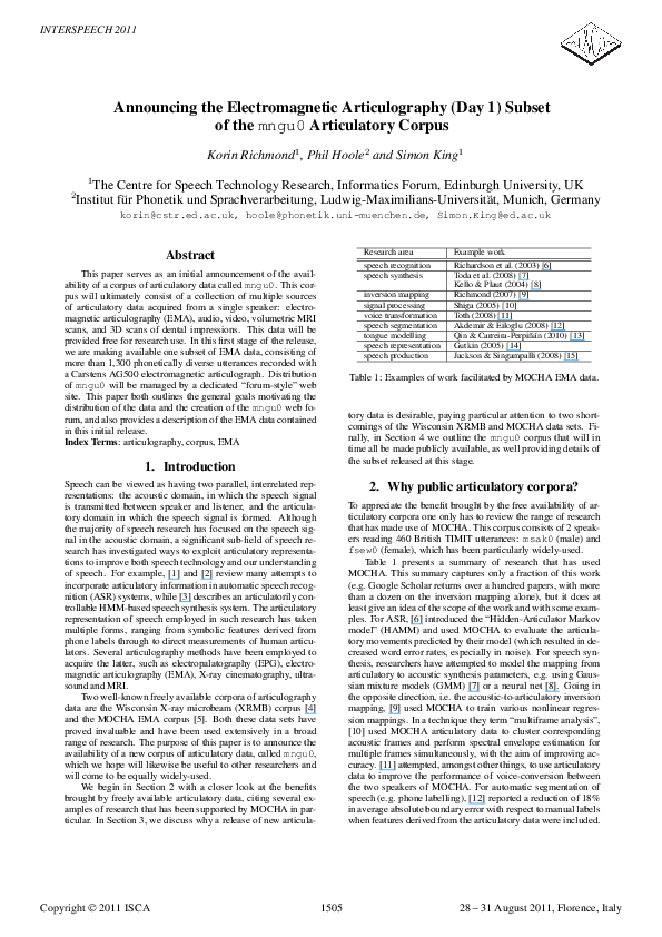 Pdf Announcing The Electromagnetic Articulography Day 1 Subset Of The Mngu0 Articulatory Corpus