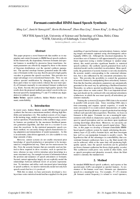(PDF) Formant-controlled HMM-based Speech Synthesis