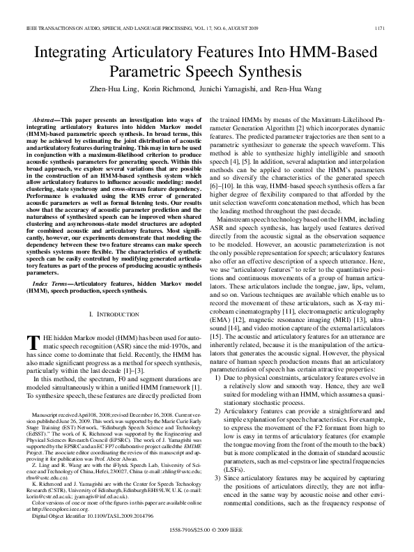 (PDF) Integrating Articulatory Features Into HMM-Based Parametric Speech Synthesis