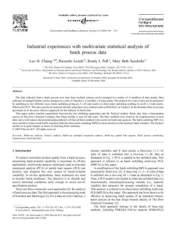 (PDF) Industrial experiences with multivariate statistical analysis of batch process data