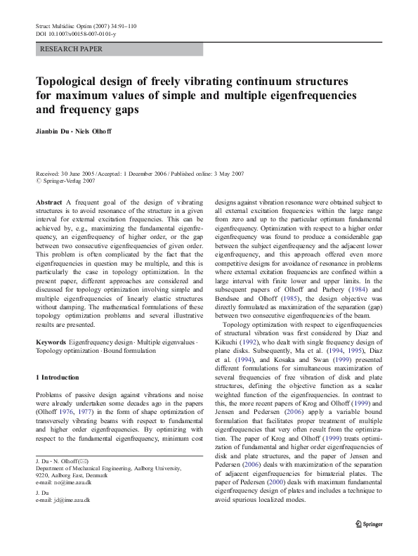 Pdf Topological Design Of Freely Vibrating Continuum Structures For