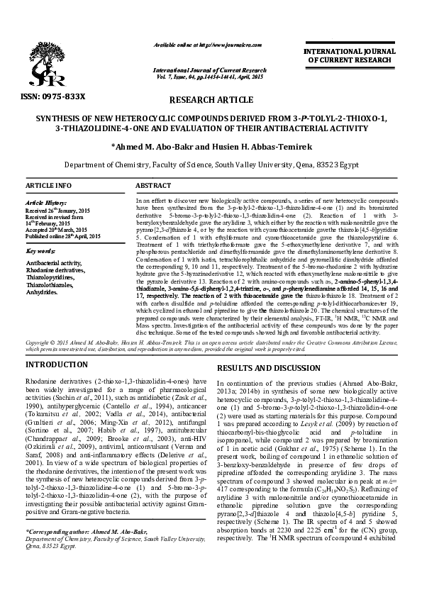 (PDF) SYNTHESIS OF NEW HETEROCYCLIC COMPOUNDSDERIVED FROM 3-P-TOLYL-2-THIOXO-1,3-THIAZOLIDINE-4 ...